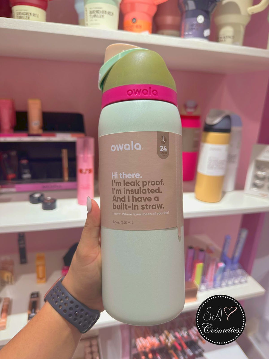 Termo Owala verde con rosa – sacosmetics